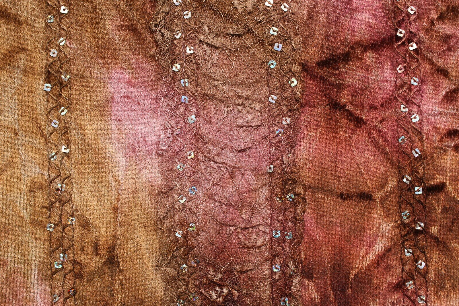 Ткань Бархат-стрейч батик с кружевом и пайетками розово-бежевый, ш150см, 0,5 м