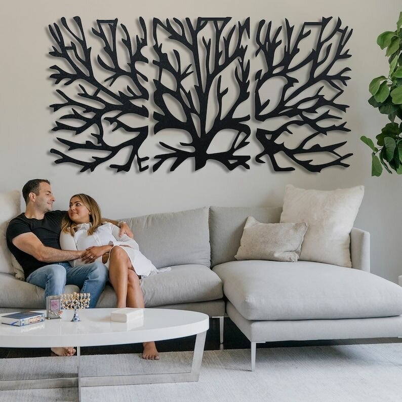 Декоративное металлическое панно, Ветви дерева, набор из 3 элементов декора (черный цвет)