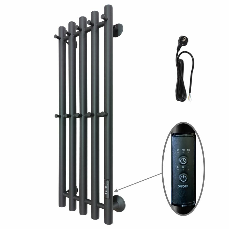 Электрический полотенцесушитель чёрный вертикальный, настенный для сушки полотенец и белья, дополнительное отопление в ванной, с правым подключением из высокопрочной нержавеющей стали маргроид