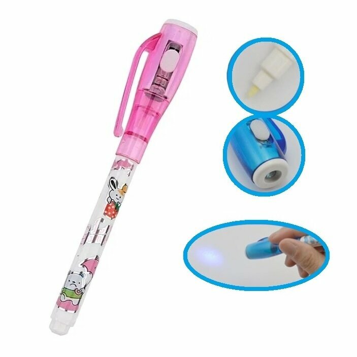 Ручка-шпион с невидимыми чернилами + ультрафиолетовый фонарик в индивидуальной упаковке цвет розовый