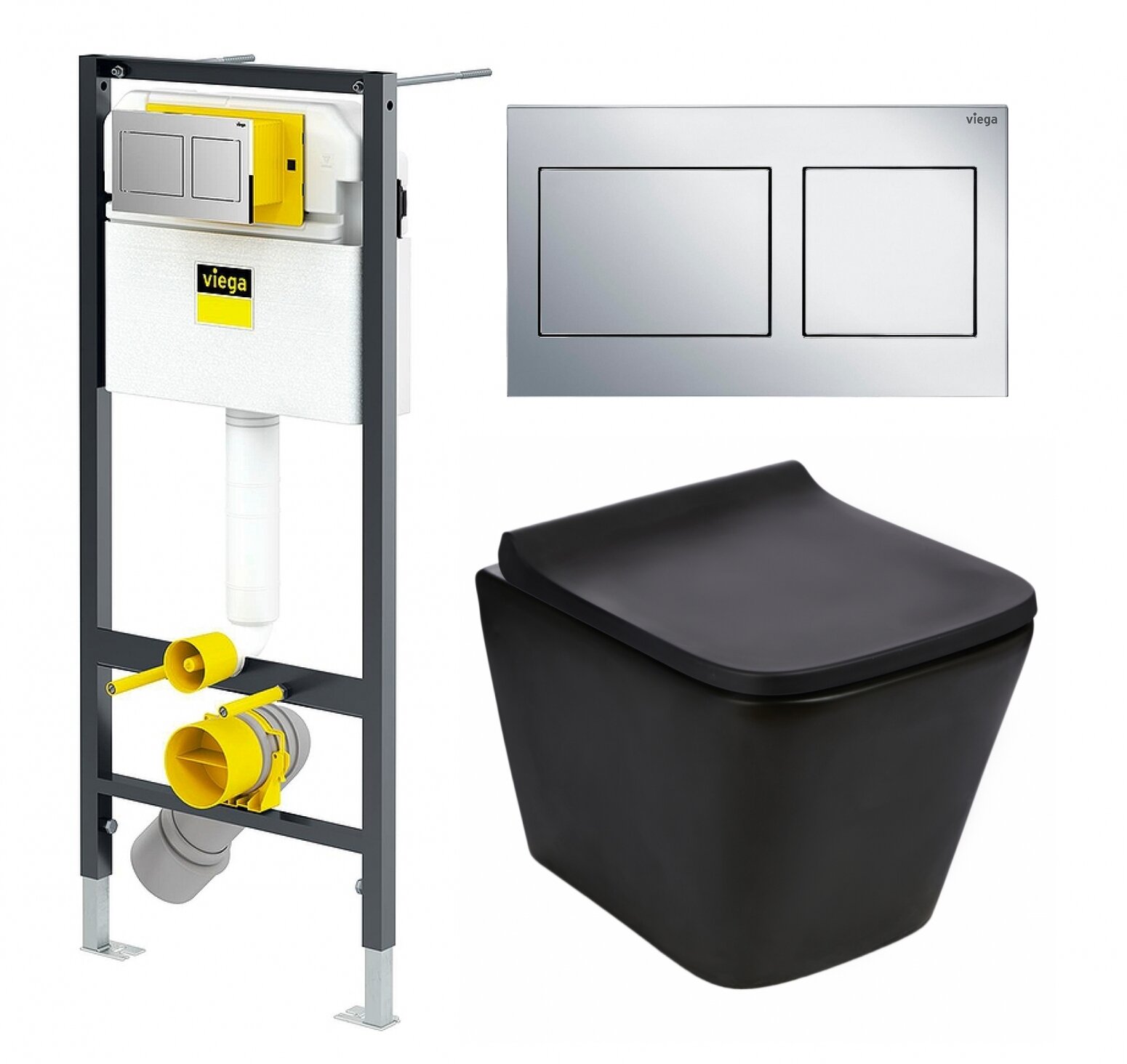 Комплект 3 в 1 инсталляция Viega Prevista Dry 8524.14 792596 + Подвесной унитаз WeltWasser Gelbach 043 MT-BL + кнопка хром