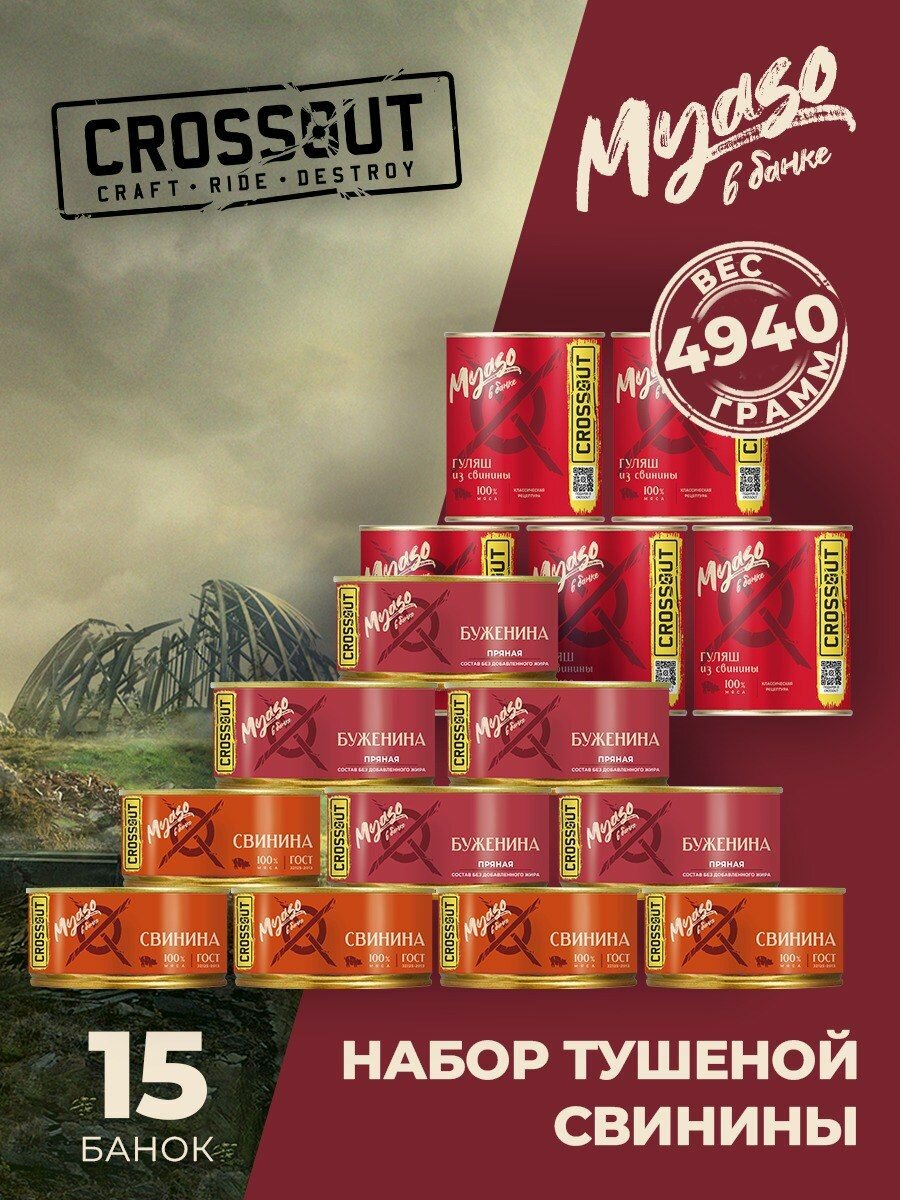 Набор тушеной свинины (Crossout) (5 буженина, 5 свинина, 5 гуляш) - 15 шт.
