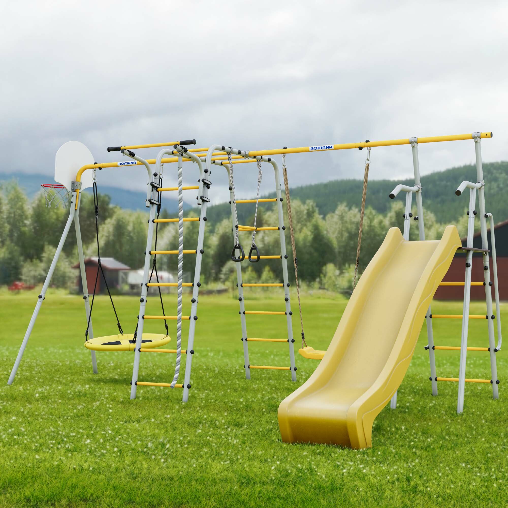 Спортивно-игровой комплекс Romana "Весёлая лужайка-2 PRO", с горкой 120 см, комплект № 13, серые/жёлтые