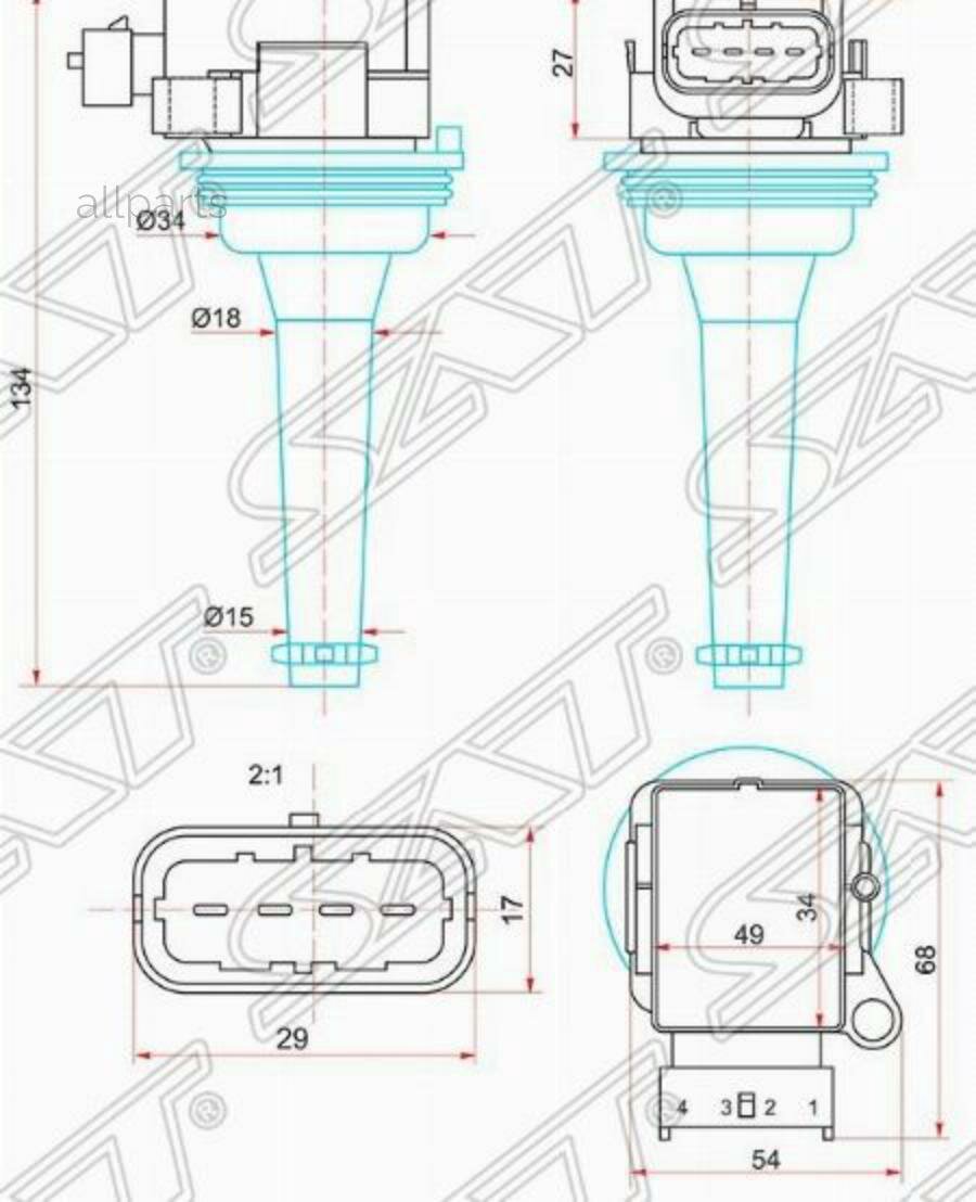 SAT ST-30713416 Катушка зажигания Volvo S60 00-10 / XC90 02-14 B5204FT; B5204T4; B5244T; B5244T3; B5254FS; B5254T; B5254T2