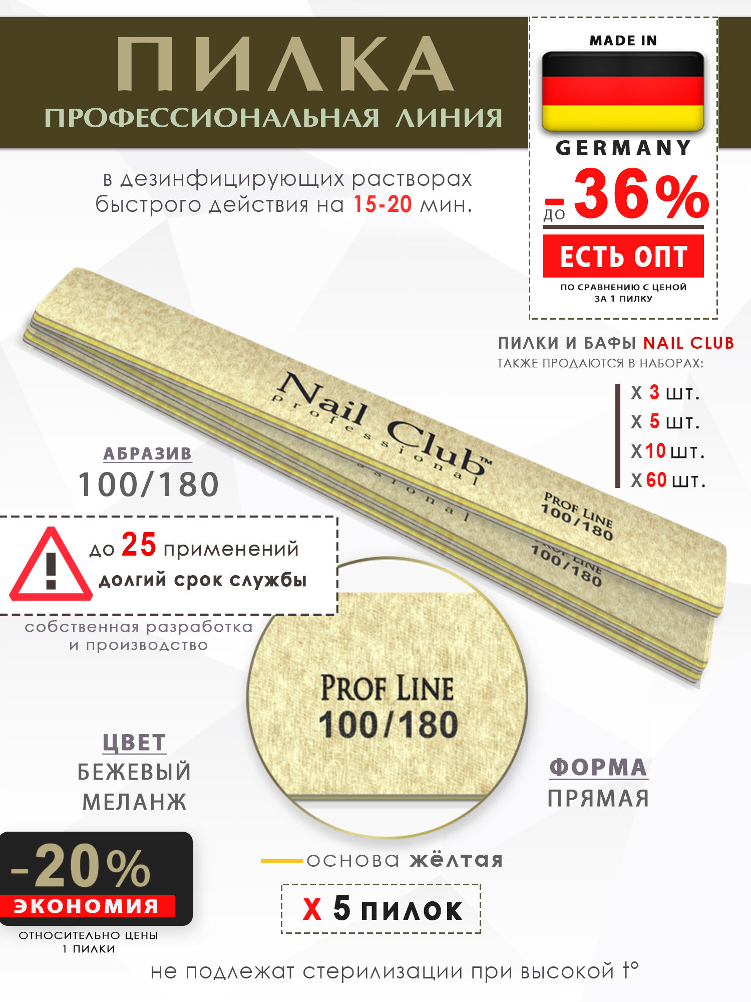 Nail Club Маникюрная пилка прямая для опила ногтей PROF LINE 100/180, 5 шт.