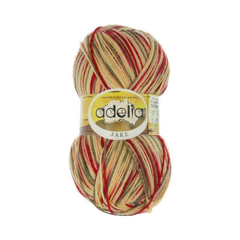 Пряжа ADELIA "JAKE" 75% шерсть, 25% нейлон 100 г 400 м №09 т. желтый/т. красный/т. зеленый/оранжевый