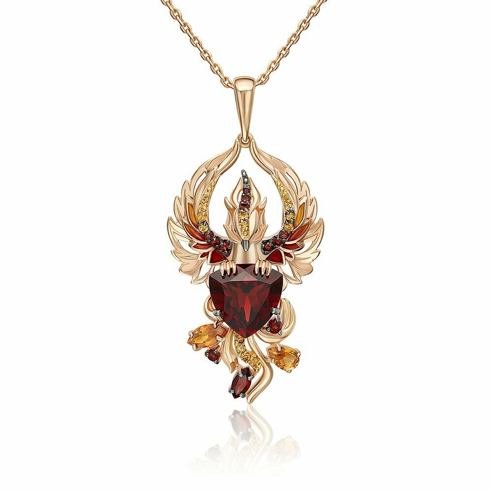 Подвеска, красное золото, 585 проба, гранат, эмаль, цитрин