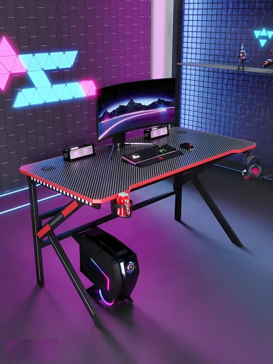Компьютерный стол Jiqiao, RGB подсветка, карбоновый, черный/красный, игровой