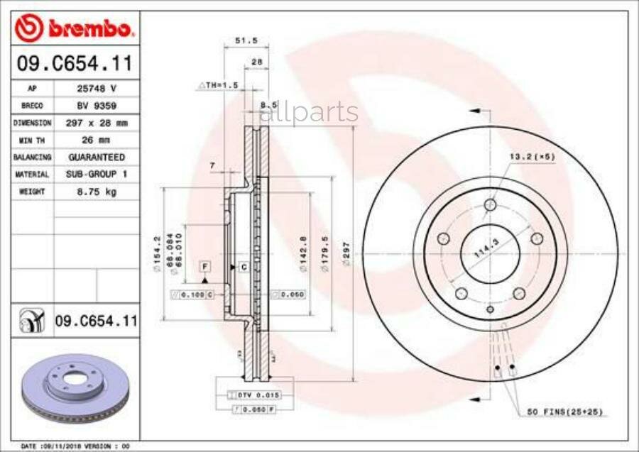 BREMBO 09C65411 Диск тормозной вентилируемый