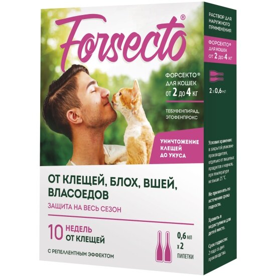 Инсектоакарицидные капли Астрафарм форсекто от блох и клещей для кошек от 2 до 4 кг