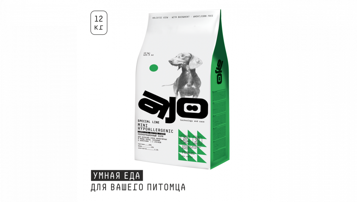 Корм для собак AJO "Mini Hypoallergenic", для мелких пород, сухой, 12 кг