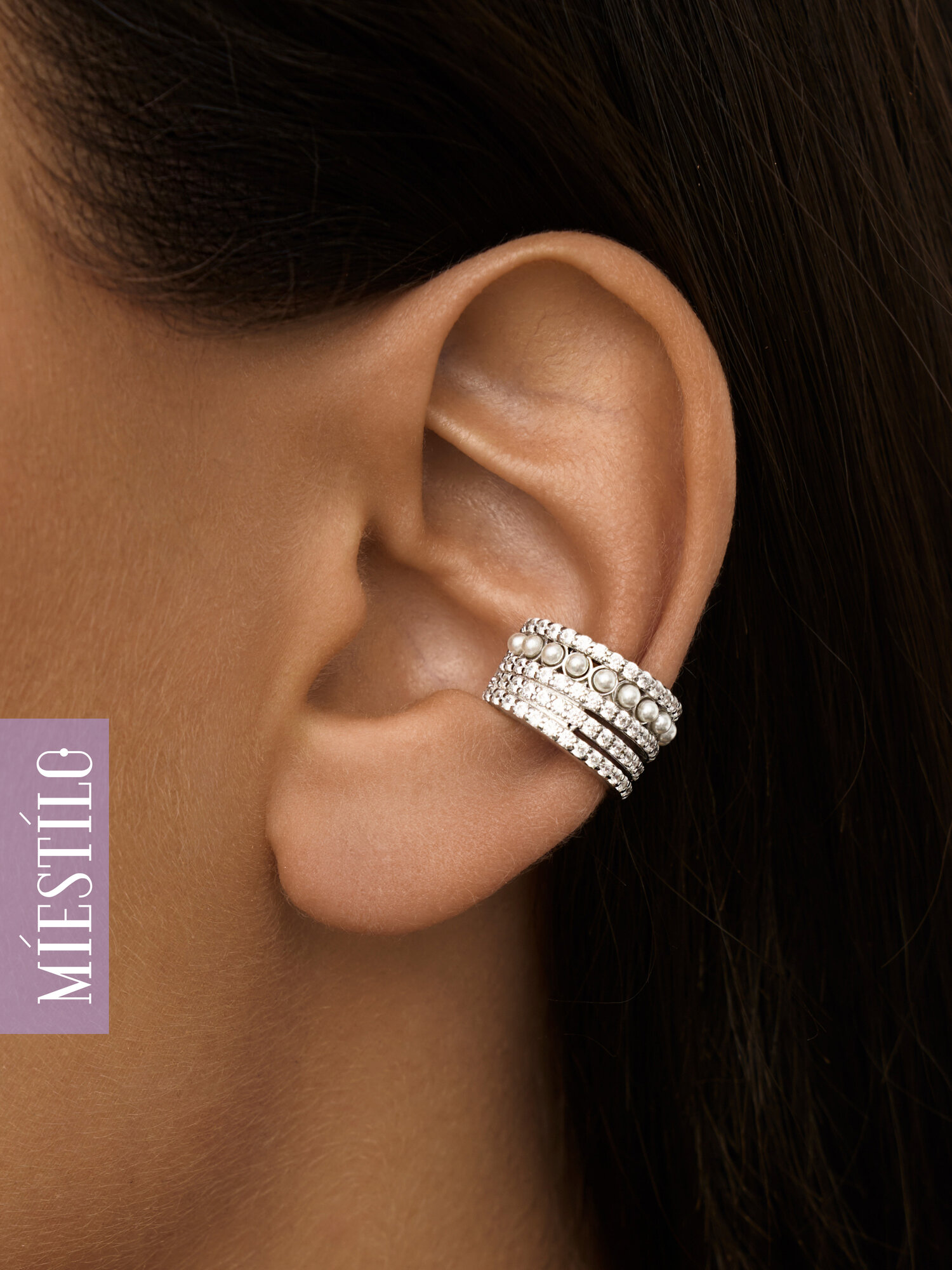 Кафф, серебро, 925 проба, родирование, фианит, жемчуг