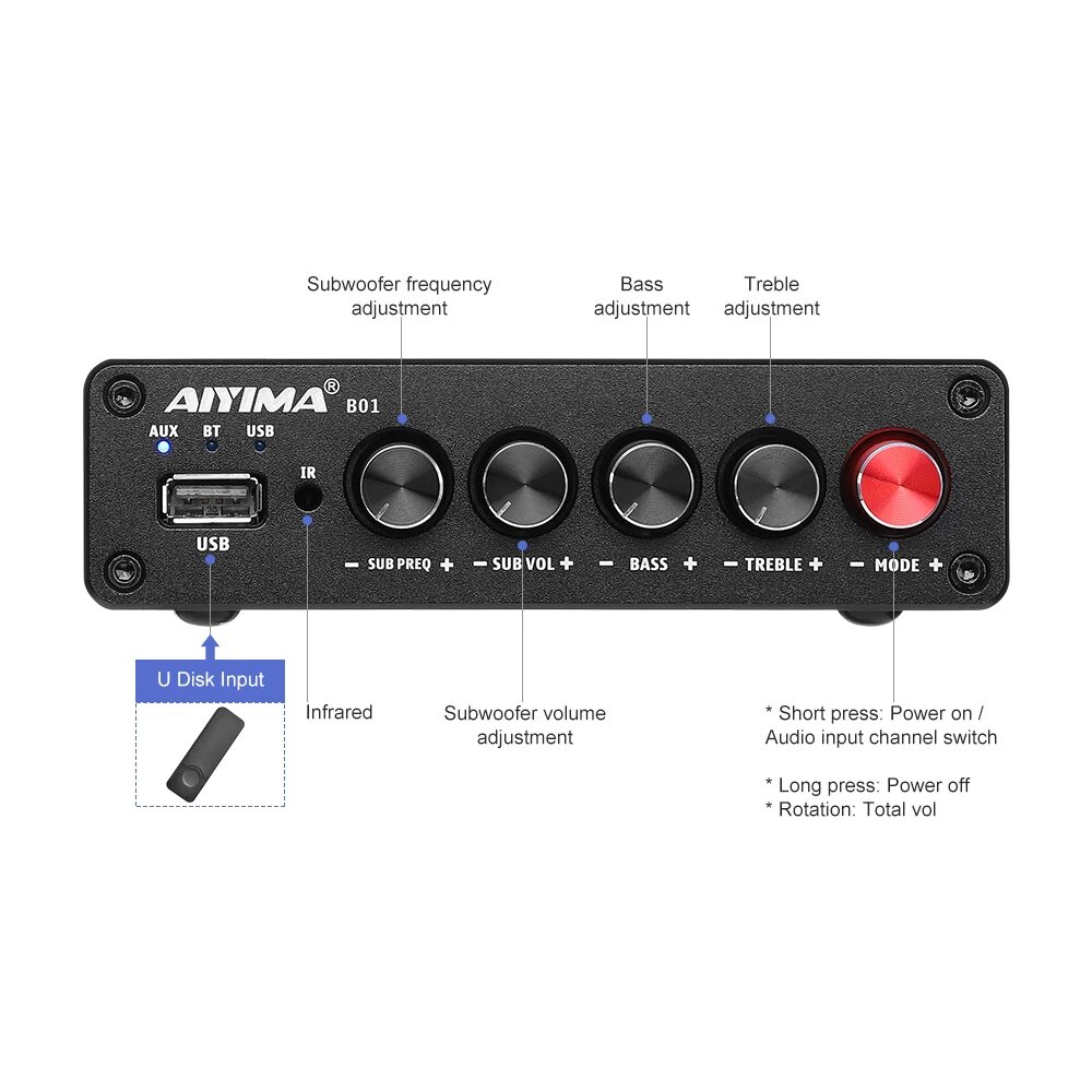 Aiyima B01 Bluetooth усилитель звука 2.1 Черный, B01 Amplifier — фото 1