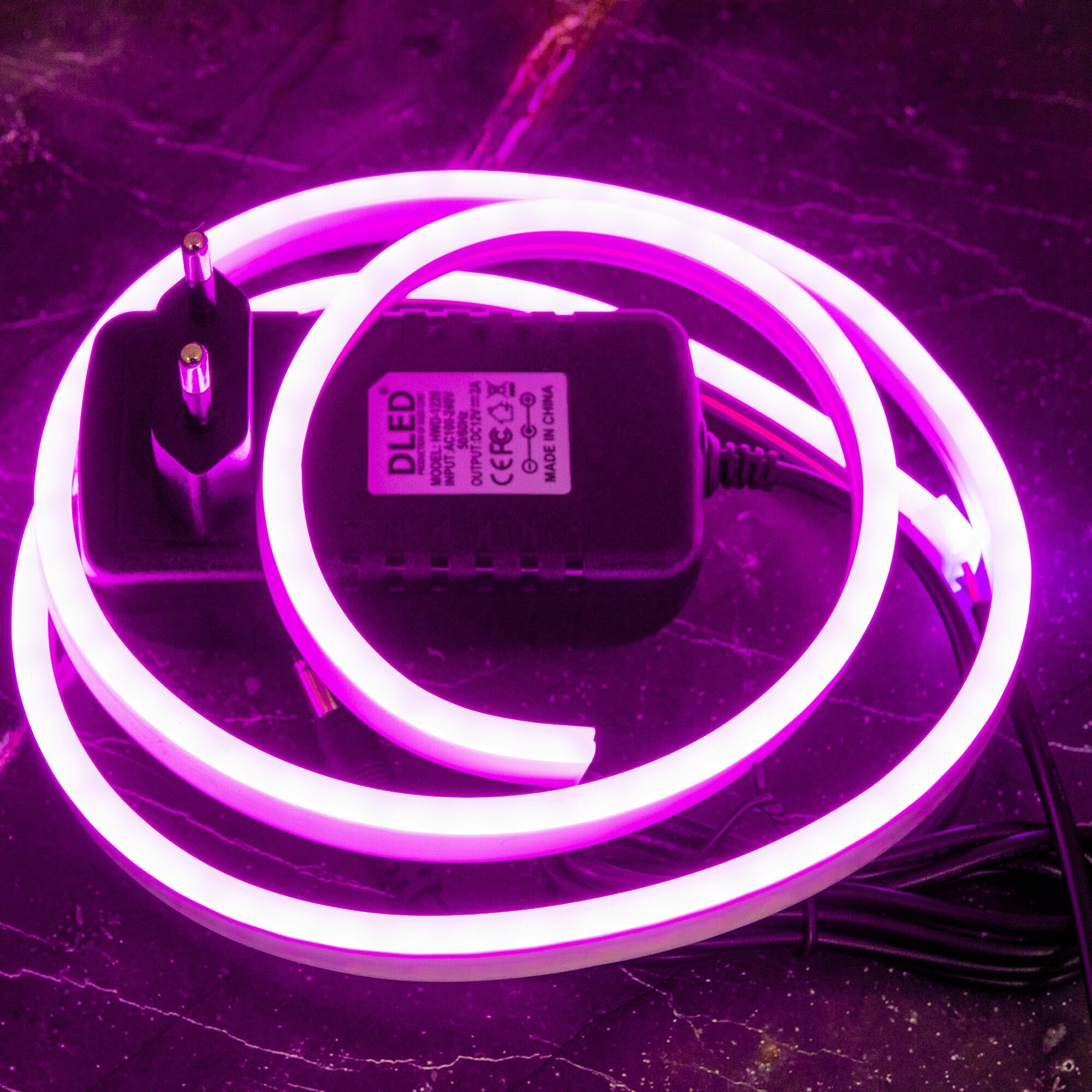 Светодиодный гибкий LED неон мощность 12W размер 12 x 6 мм, длина 1 метр, с блоком питания для подключения к сети 220V, цвет свечения - Фиолетовый