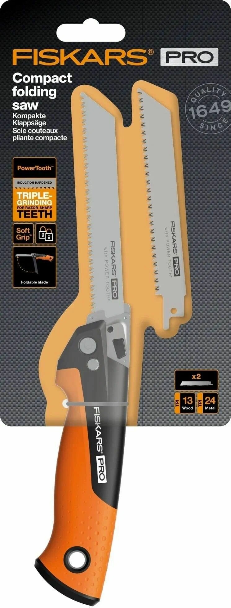 Пила универсальная складная Fiskars PowerTooth 150мм 2 лезвия (1062934)