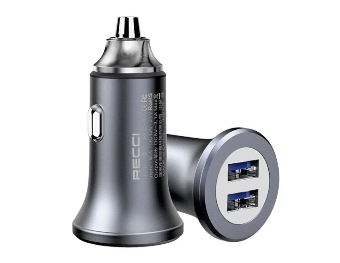 Автомобильное зарядное устройство Recci Fast Cgarge, 2xUSB, 3.1A, Алюминий, Серый, RCC-N08
