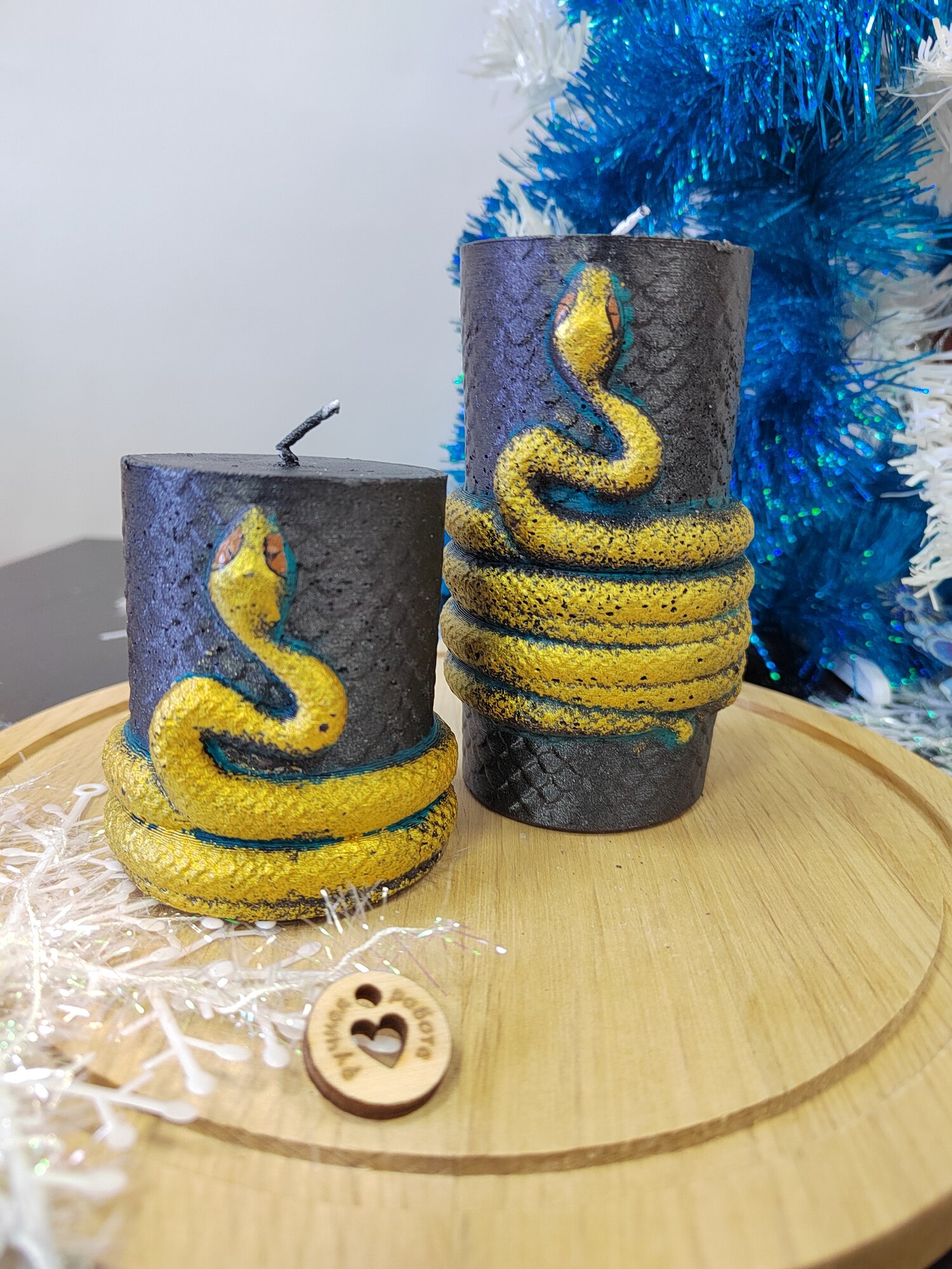 Набор Свечи 2 шт змейка средняя и большая черная с бирюзой и золотой змеей ручная работа новый ГОД!