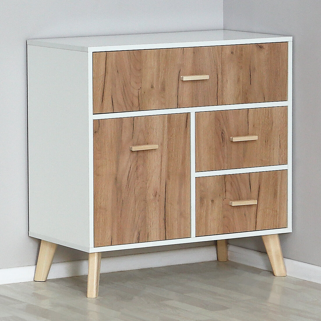 Комод "Левада" №13, ЛДСП, 4 ящика, шариковые направляющие, дуб крафт золотой/ белый жемчуг