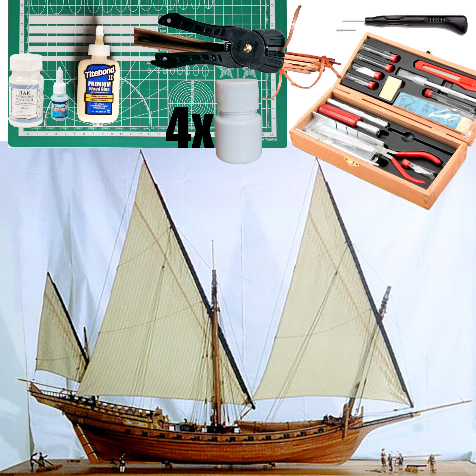 Модель парусного корабля, шебека Le Requin 1750 г, М.1:48, 1200х840х210 мм, подарочный набор с инструментам