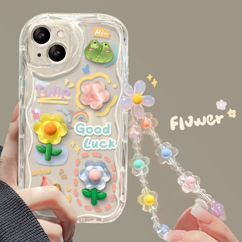 Чехол "Цветы и животные", для iPhone 15, силиконовый, флип, разноцветный, с браслетом