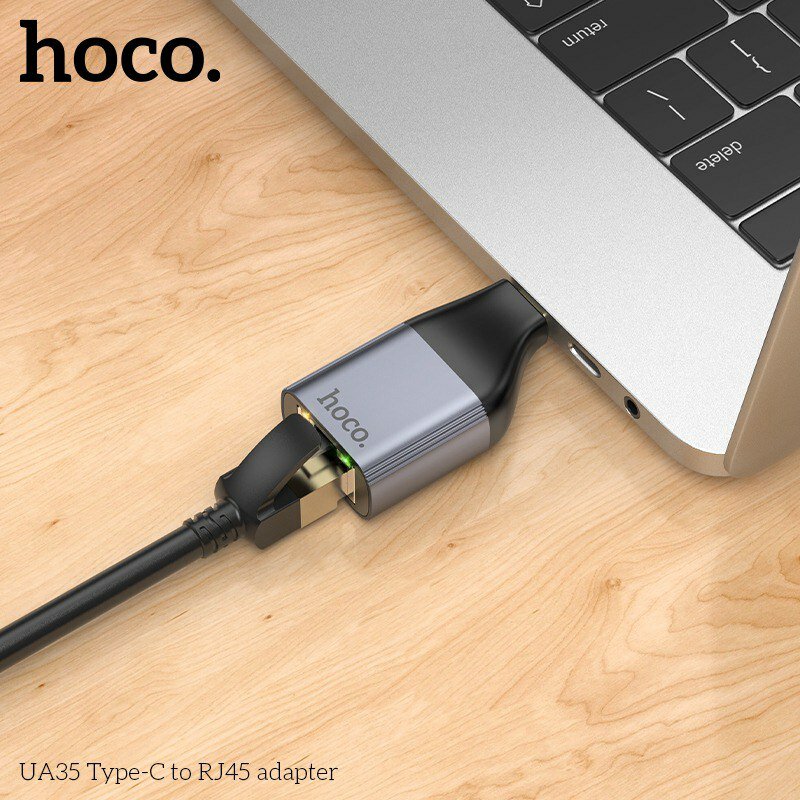 Адаптер Hoco UA35, Type-C - RJ45, алюминиевый сплав, АБС-пластик, серый/черный — фото 1