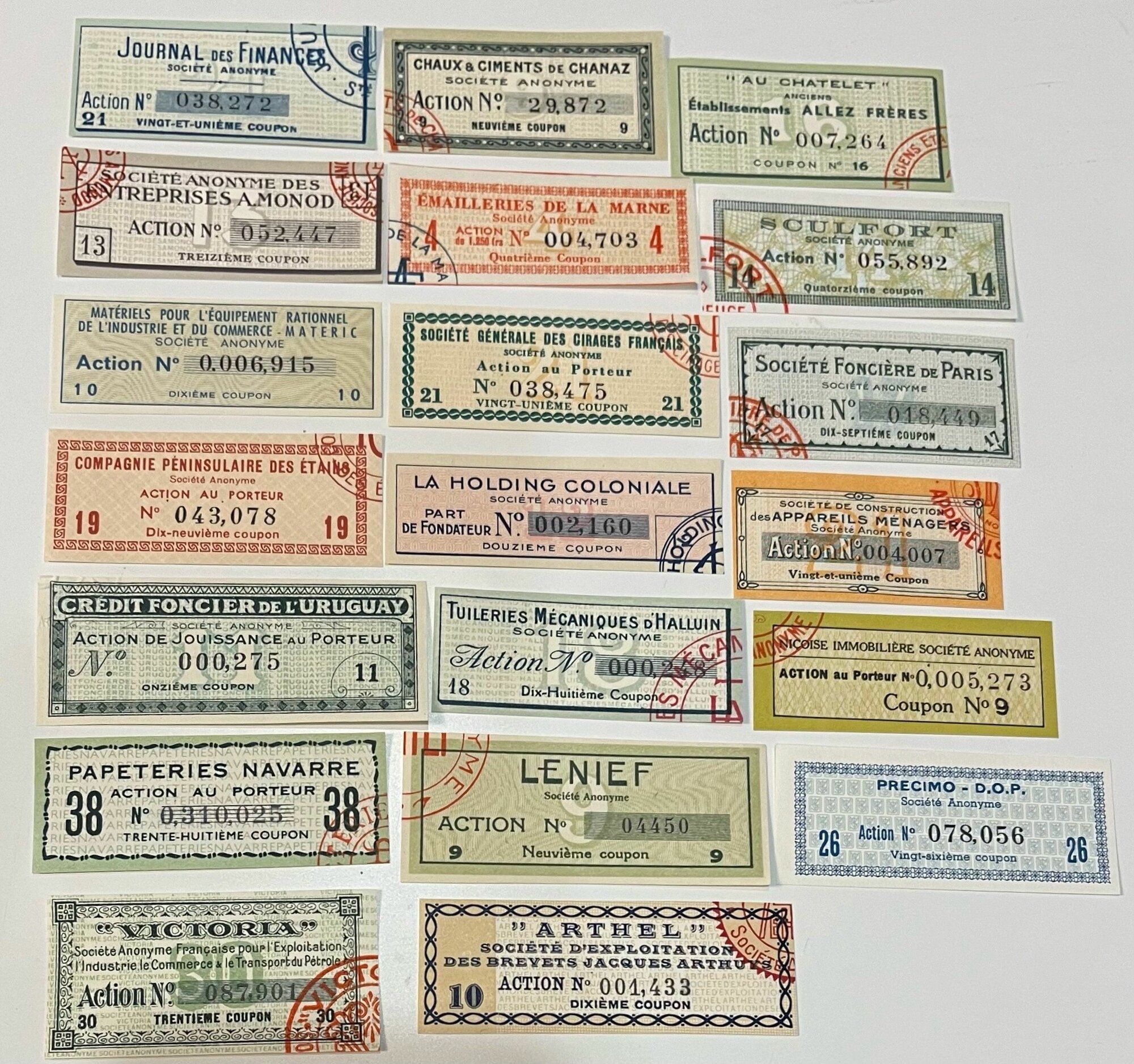 Коллекция купонов от акций иностранных компаний 20 века, (20 штук)