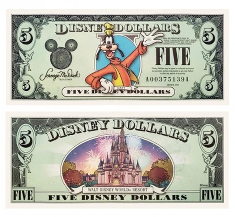 5 долларов Дисней, Disney Dollar 2003, сувенирная копия, банкноты и купюры редкие коллекционные