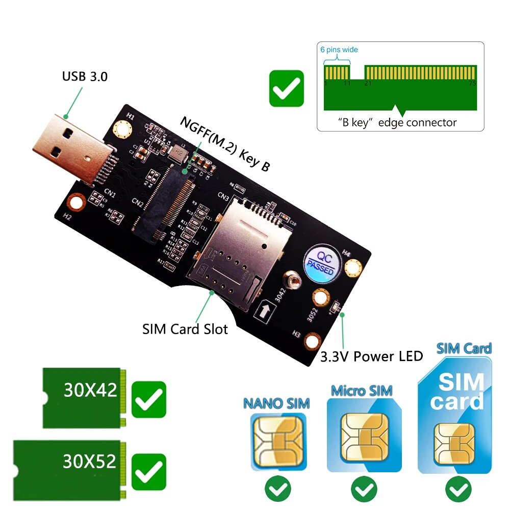 Адаптер NGFF(M.2) к USB 3.0 с разъемом для SIM-карты
