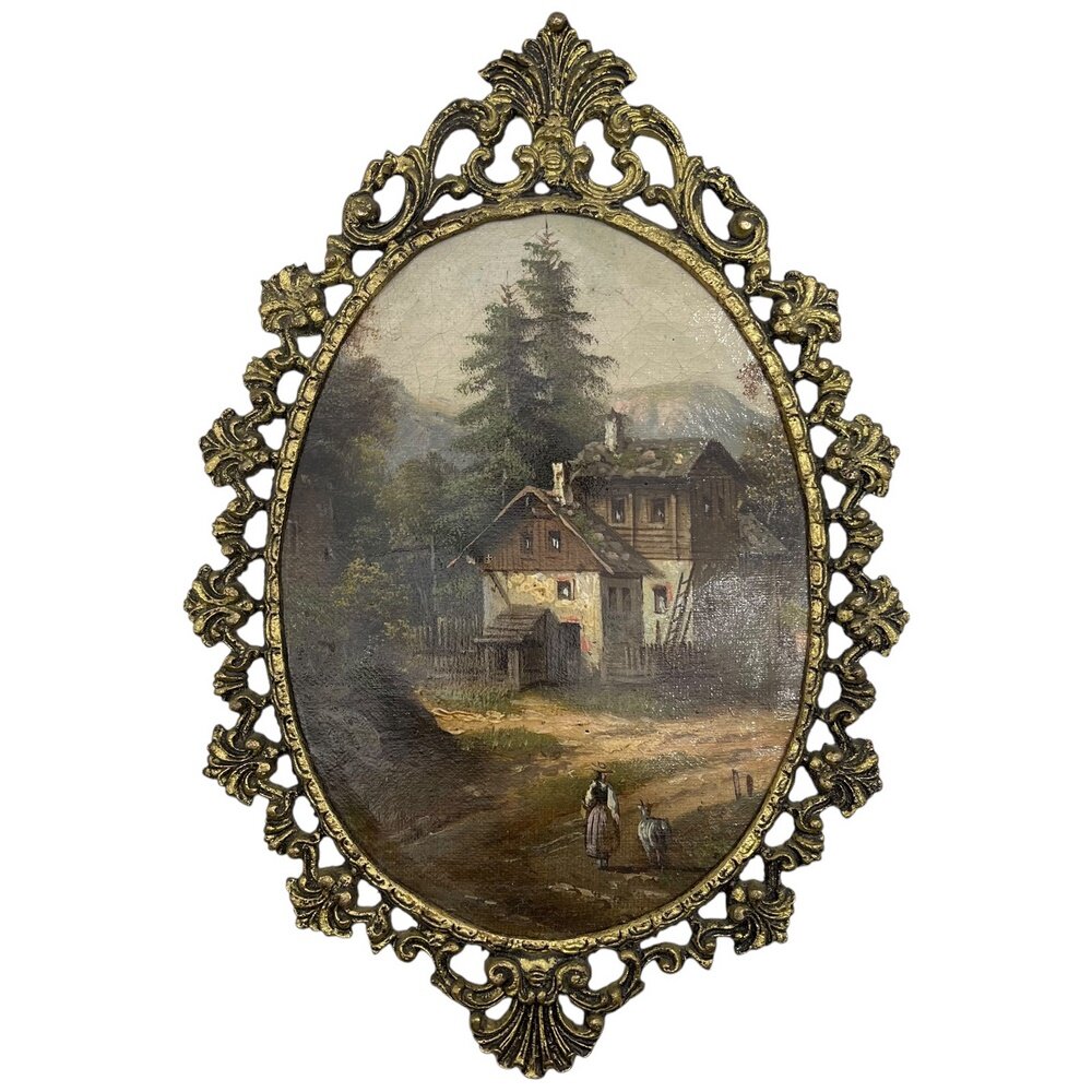 Картина в бронзовой раме "Сельский домик" 1875-1900 гг. Автор неизвестен, пейзаж, Европа
