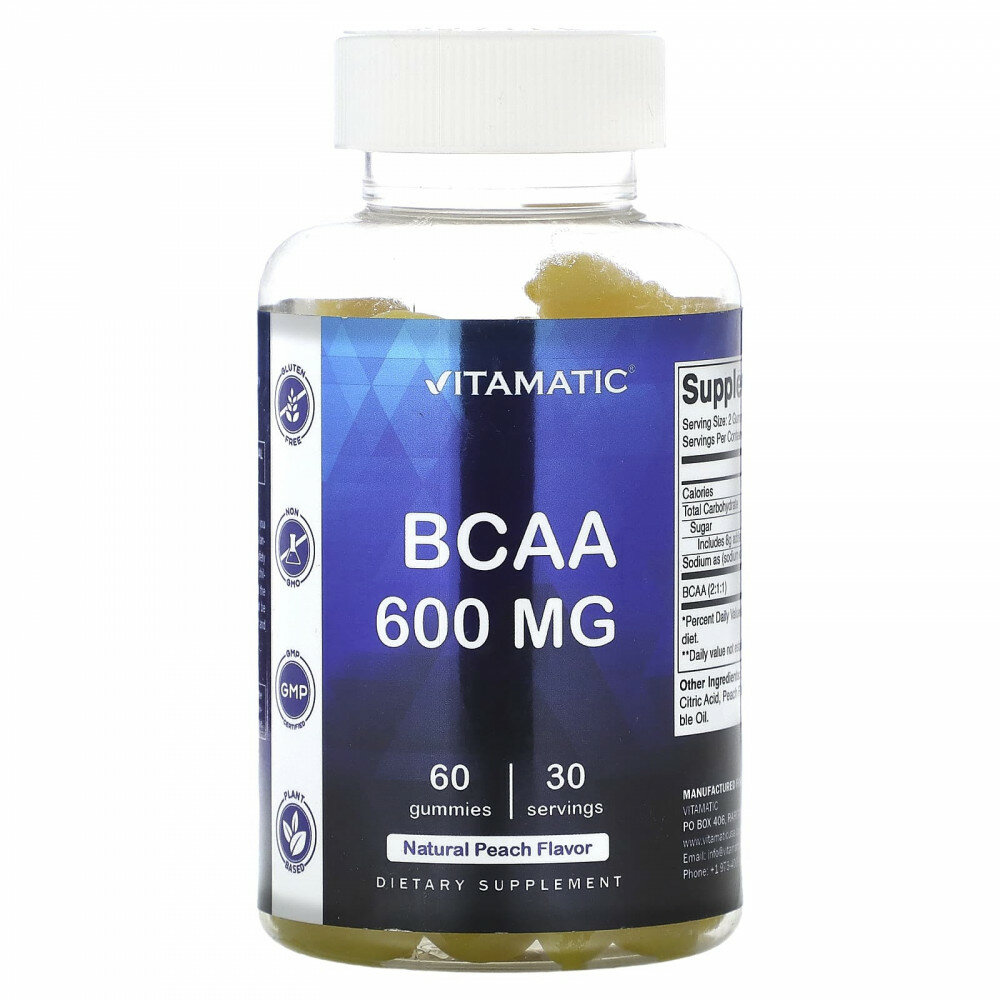 Vitamatic, BCAA, натуральный персик, 60 жевательных мармеладок (300 мг в 1 жевательной таблетке)