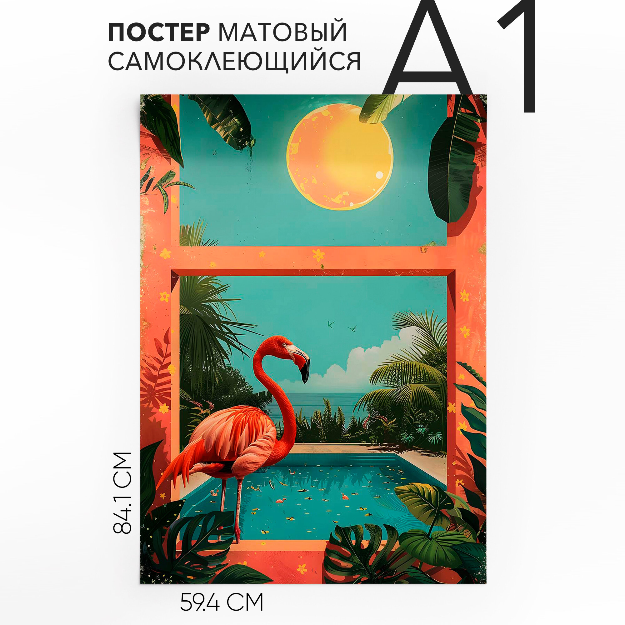 Картины постеры на стену самоклеящийся, большой A1 Фламинго, влагостойкий, для декора