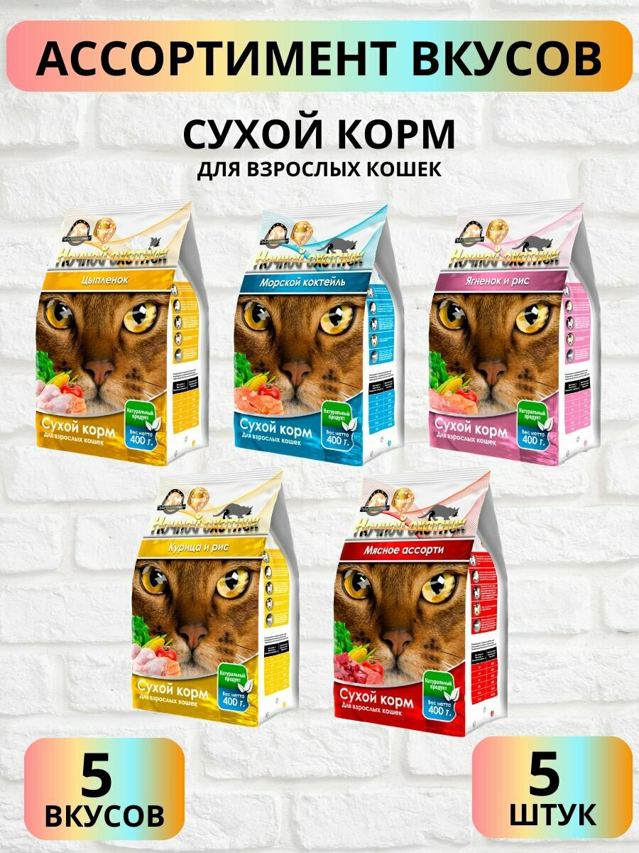 Корм для кошек сухой Ночной охотник премиум, полнорационный Ассорти вкусов, 5 пакетов по 400 гр