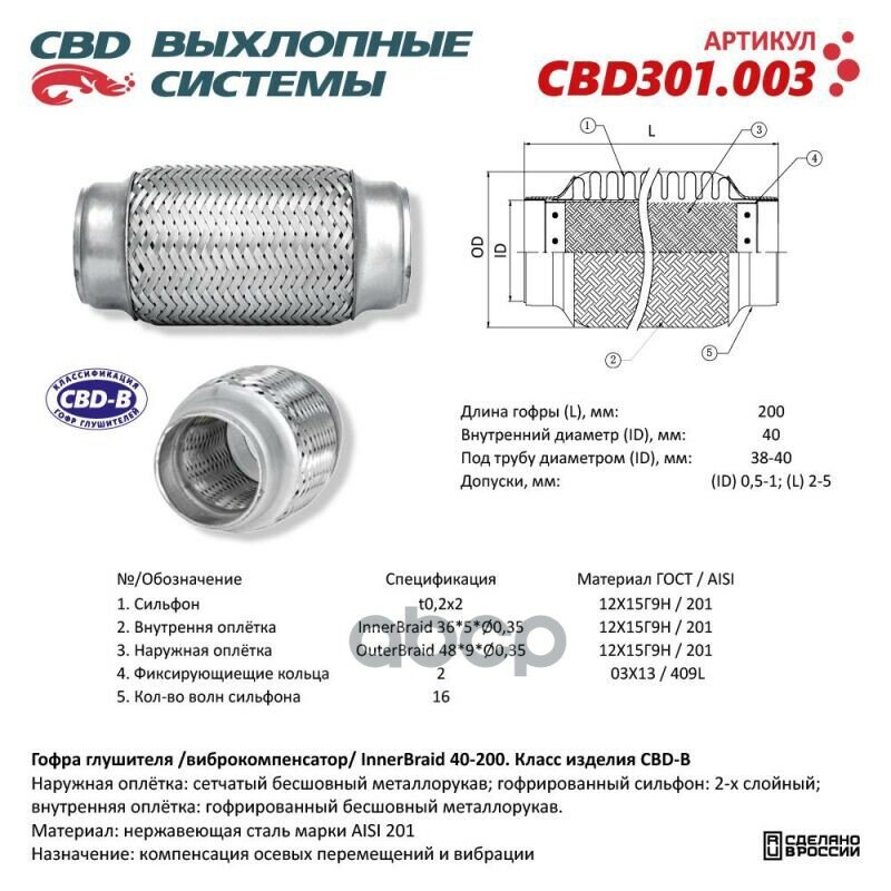 Гофра глушителя 3-сл Innerbraid 40-200. CBD301.003 CBD арт. CBD301003