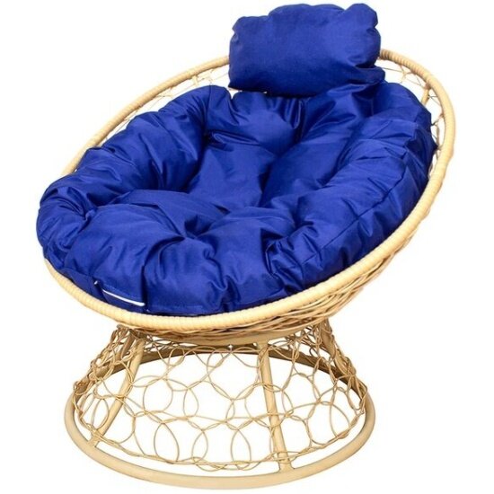 Кресло папасан мини с ротангом M-group бежевое , синяя подушка