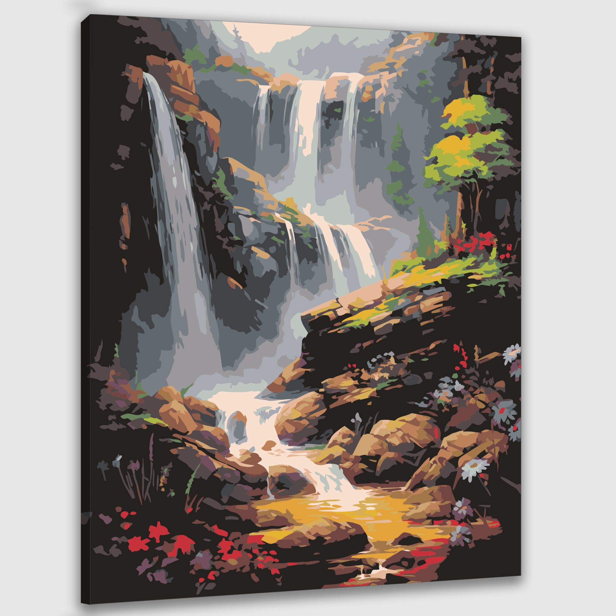 Картина по номерам 40x50 см, картина, масло, водопад, утес, зелень, цветы, вода, солнце, цвета, текстура, пышный
