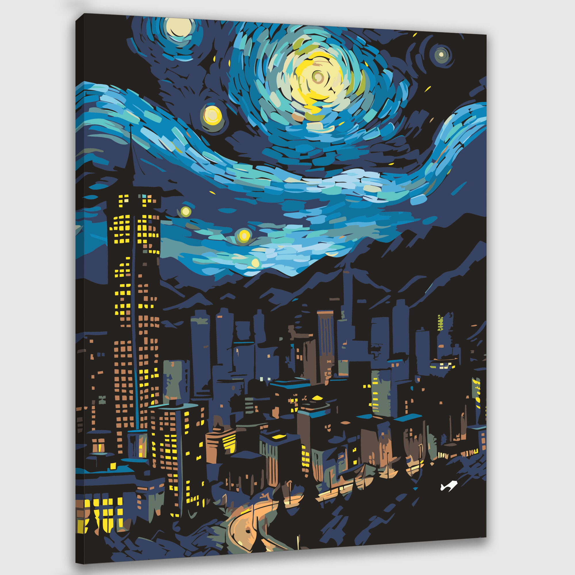 Картина по номерам 40x50 см, цифровое произведение, Ван Гог, Звездная ночь, городской пейзаж ночью, облака, звезды