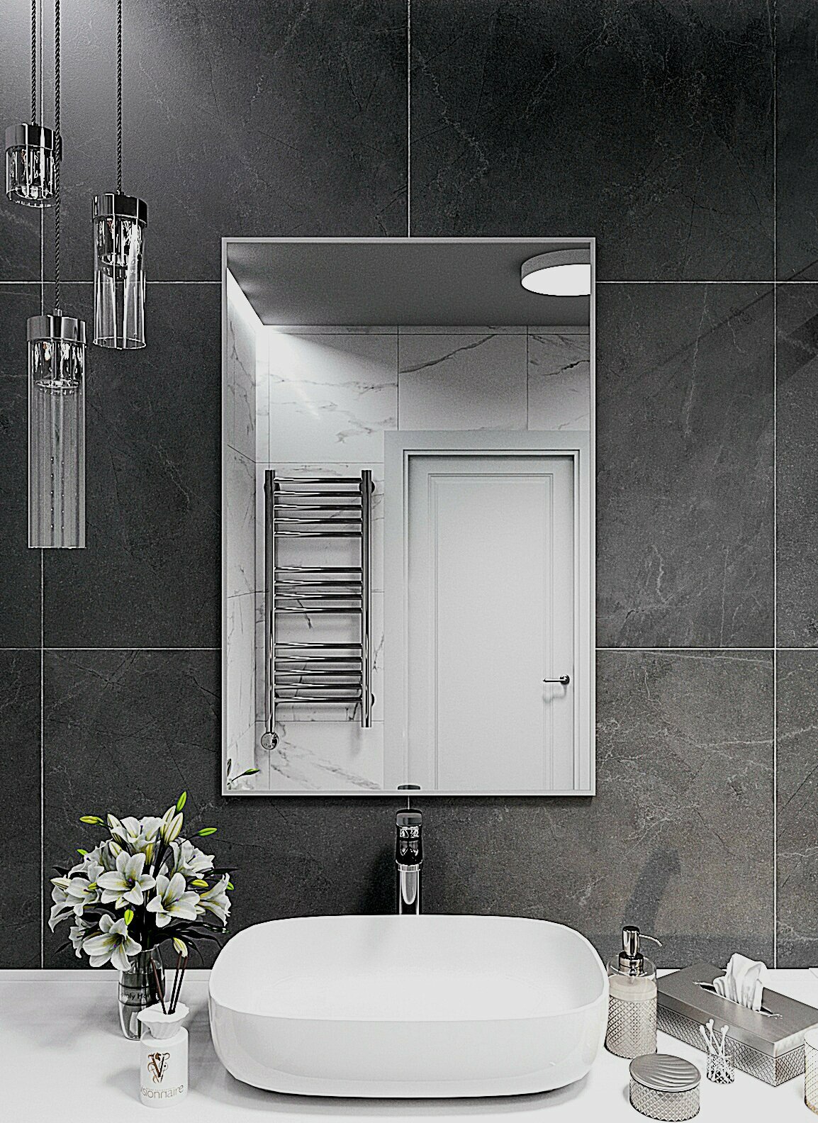 Зеркало в алюминиевой раме настенное ONE MIRROR 90х70 см. Серебро