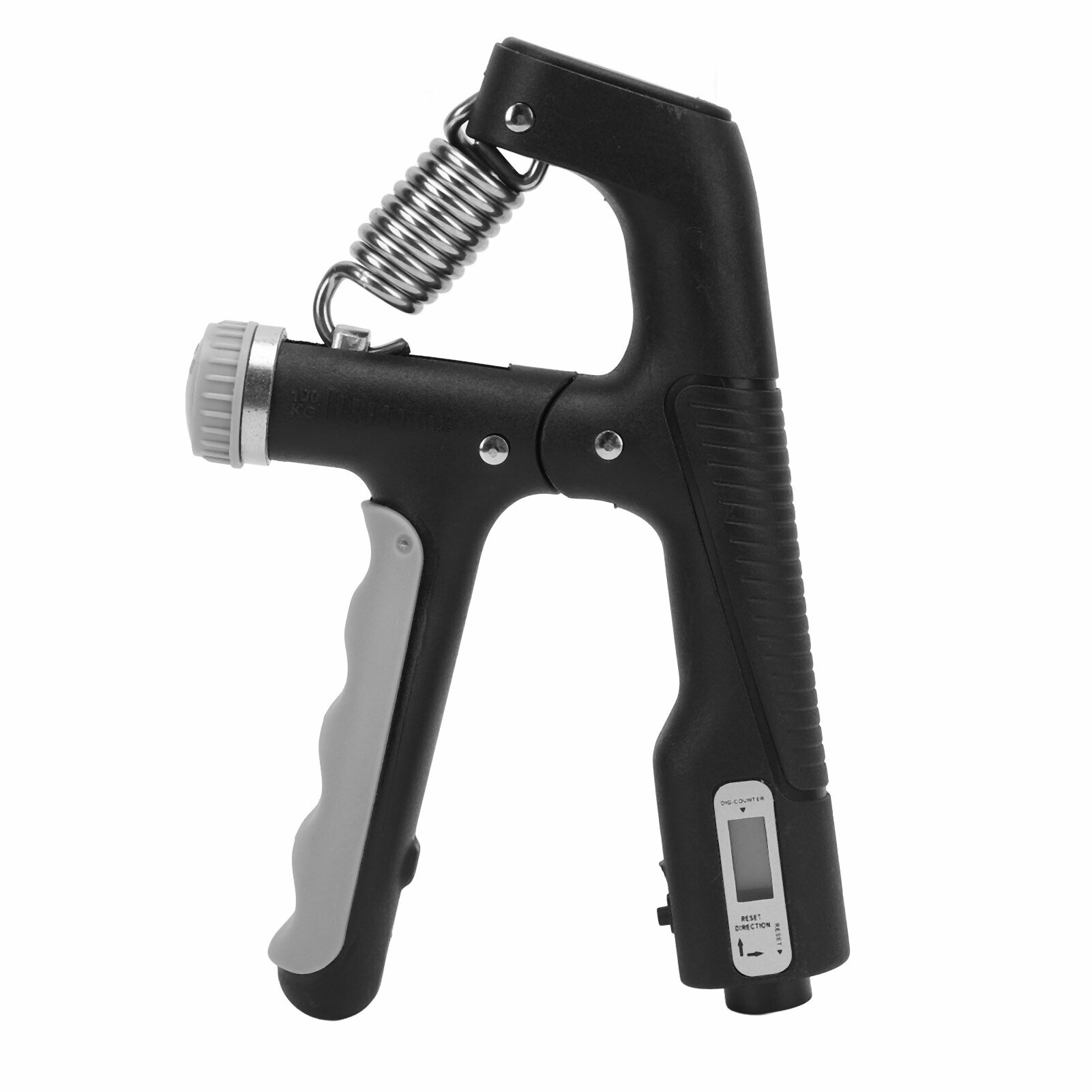 Тренажер для укрепления хвата с электронным счетчиком, изготовленный из термопластичной резины, полипропилена и стали, регулируемый от 10 до 100 кг, для восстановления мышц и силовых тренировок, черный.