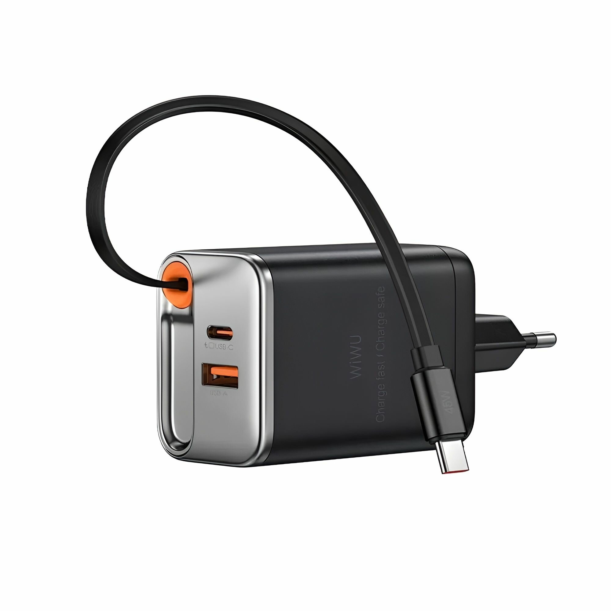 Сетевое зарядное устройство Wiwu Helix GaN Fast Charger 45W PD+QC (Wi-G021), с выдвижным кабелем USB-C