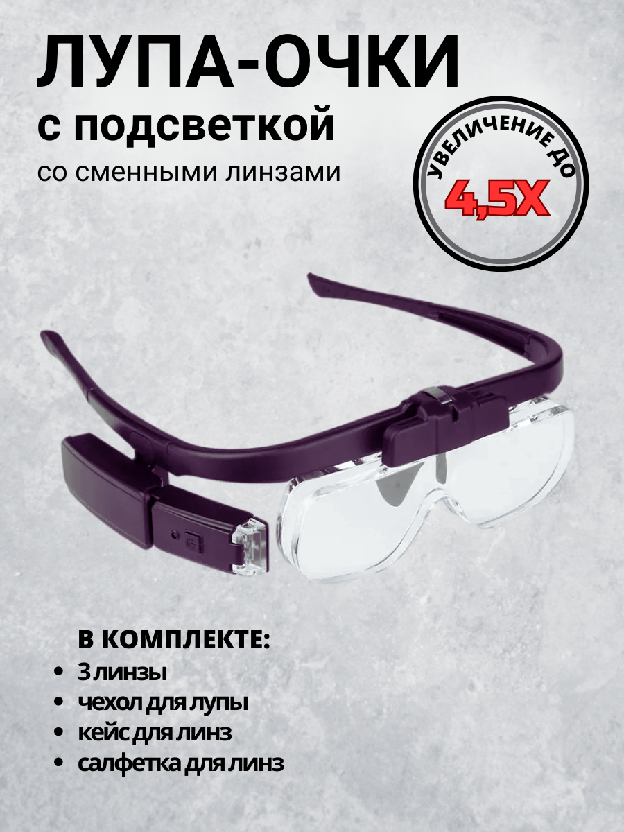 Очки-лупа, с подсветкой, сменными линзами от 1,5 до 4,5х, в жестком футляре, зарядка от USB
