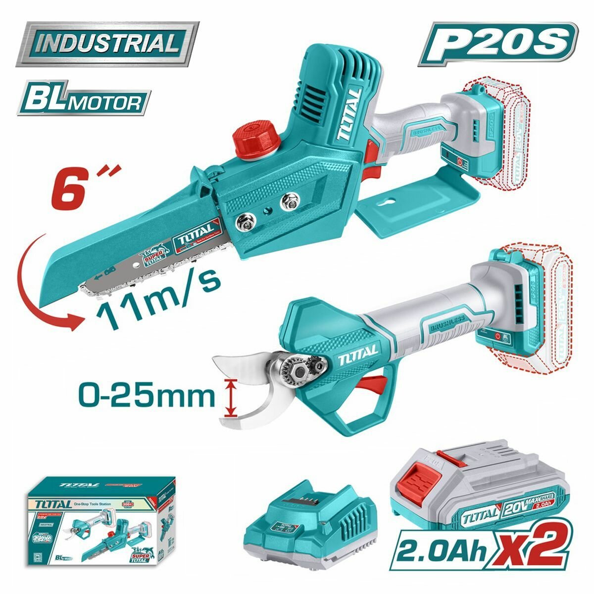 Набор аккумуляторных инструментов TOTAL TOSLI240306, Li-Ion, 20В, цепная пила, секатор