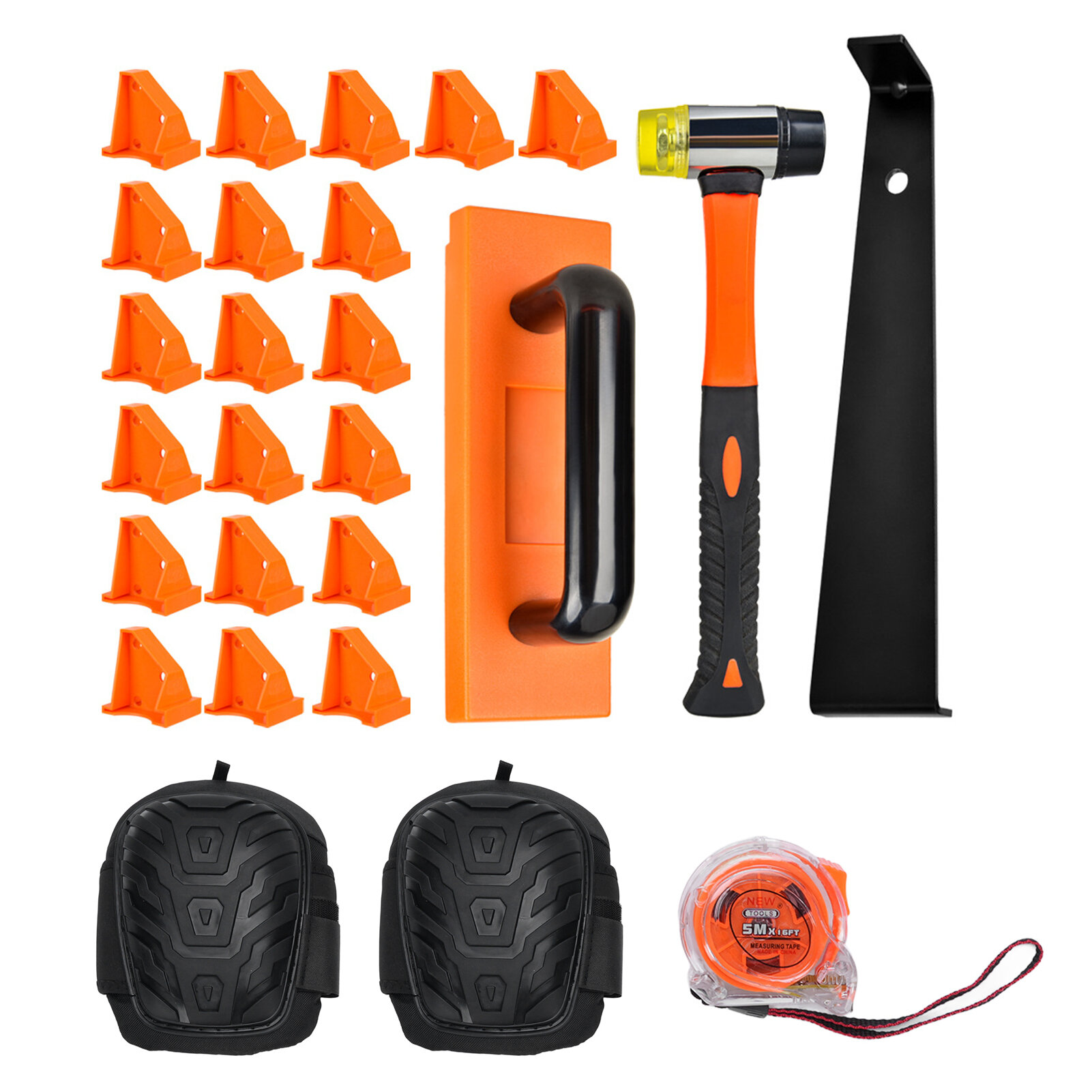 Инструменты для укладки ламината: двусторонний молоток, ударный брусок, монтировка, 20 распорок, рулетка 5 м для укладки деревянного пола.