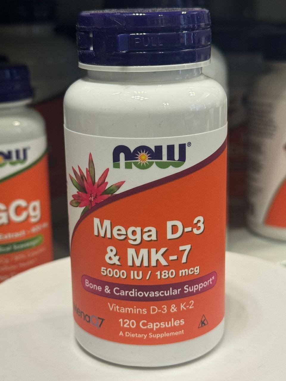 NOW Mega D-3 & MK-7 5000 IU/180 mcg, Витамин D-3 и Витамин K-2 для крепких костей и здорового сердца, 120 капсул