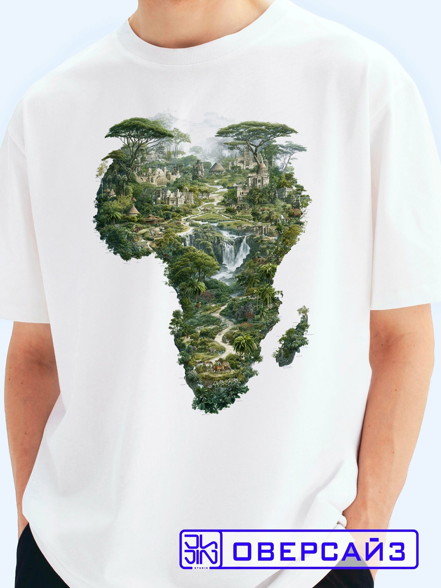 Футболка оверсайз мужская с принтом Африка этническая в темно-зеленых, ярко-зеленых тонах природы и леса, белый хлопковый трикотаж с прикольным рисунком на груди