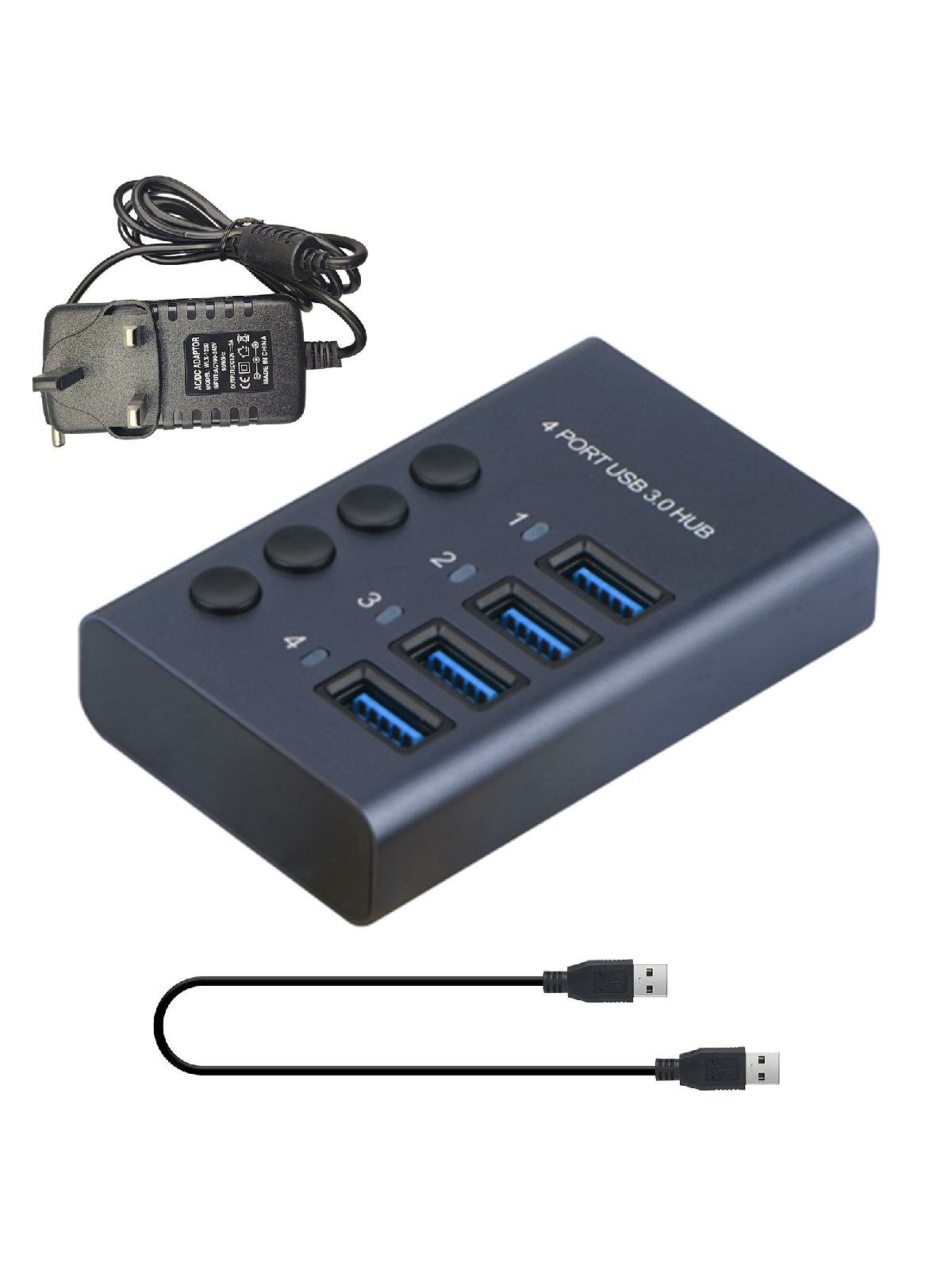 4-Port Hub, 4x USB 3.0 Hub Expander with Switch & 12V3A 36W Power Adapter Supports Charging for Tablet Phone PC Laptop