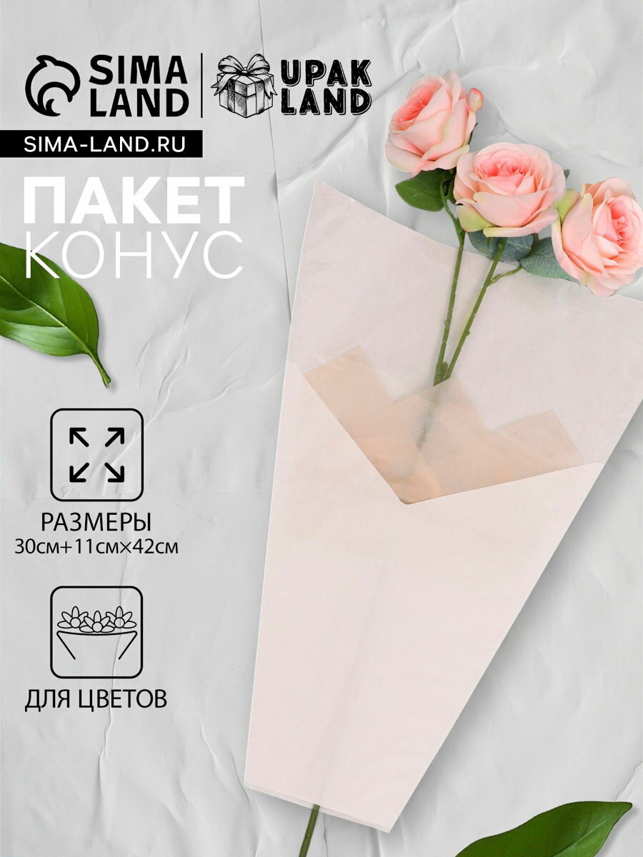 Пакет конус для цветов, крафт+ пленка, 30+11x42 см+-1 см, белая, 5 шт.