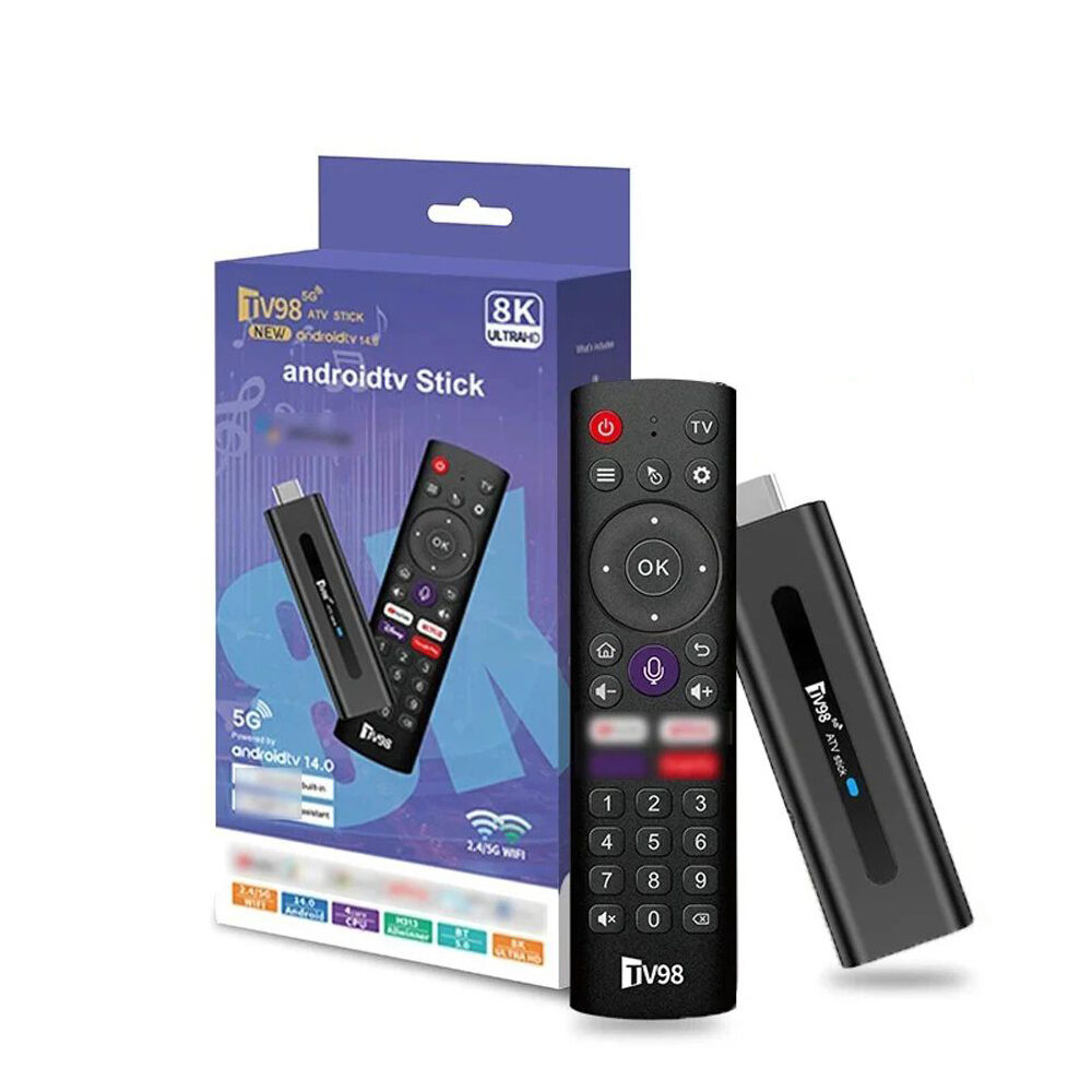 TV98 ATV Android 14 Smart TV Stick 8K 2.4G 5G Dual WiFi BT 5.0 телеприставка HDR10 с голосовым управлением и пультом ДУ