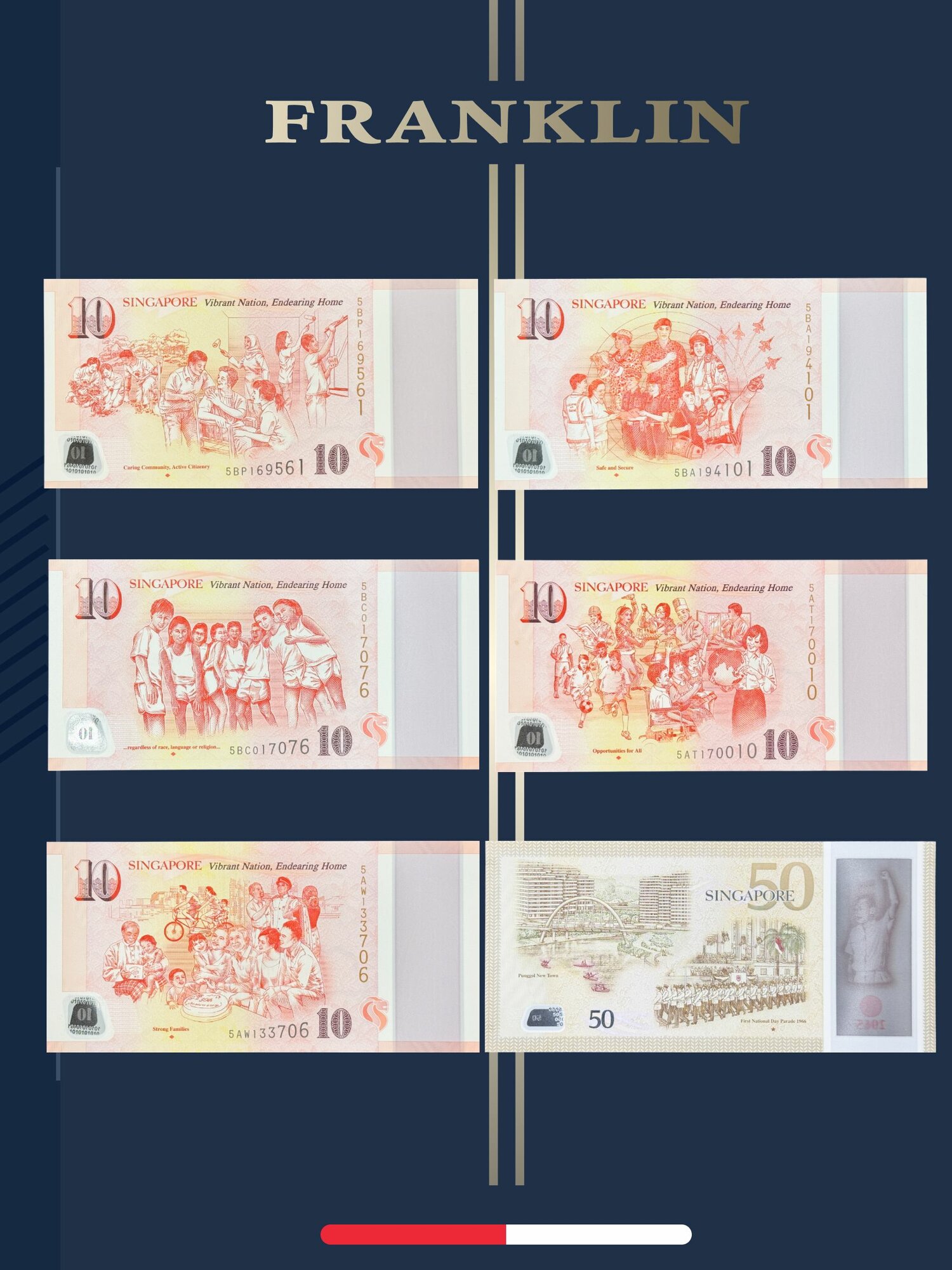 Набор 6 банкнот Сингапур 10 и 50 долларов 2015 год (UNC) Юбилейный