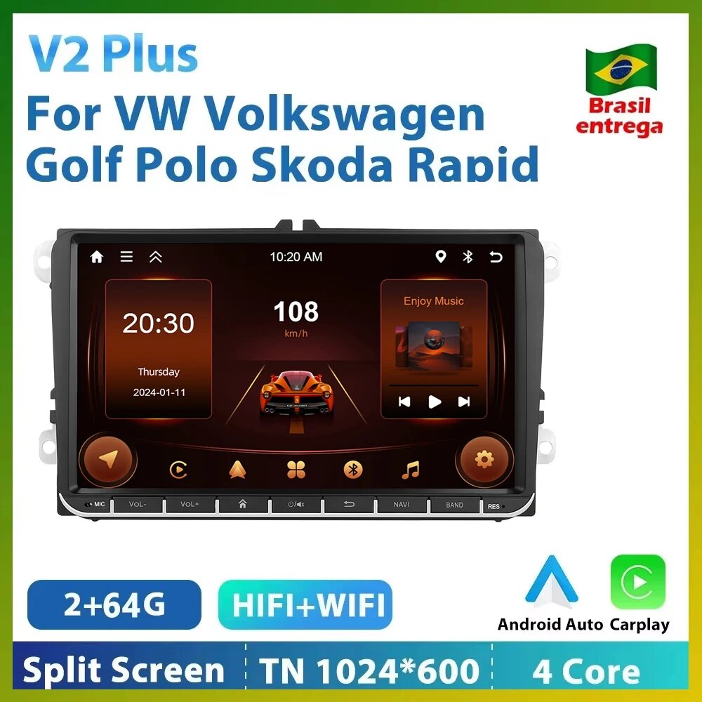 Podofo Android 11 для VW Volkswagen Golf Polo Skoda Rapid Octavia Radio Tiguan 2G 64G Carplay 9in