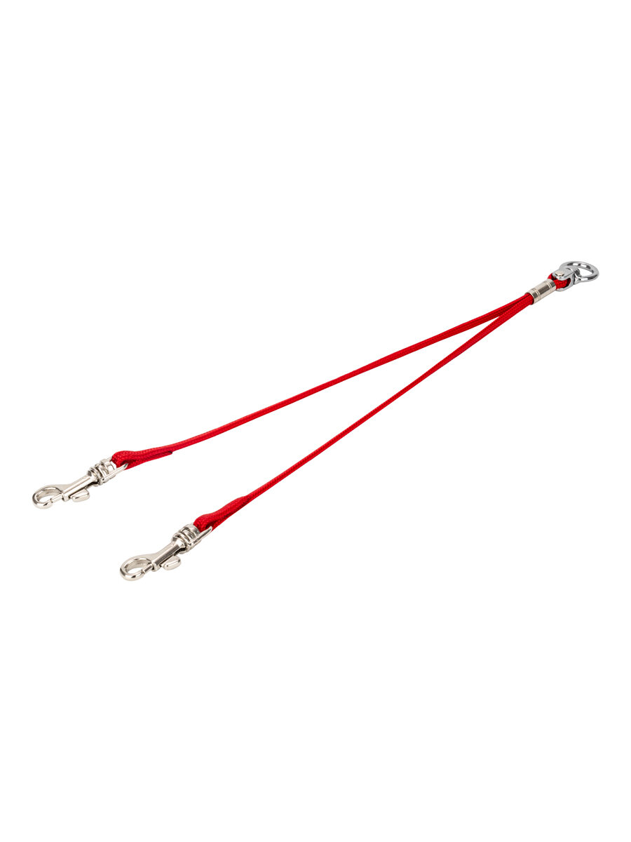 Сворка поводок для двух собак регулируемая с вертлюгом, длина 28 см, лента-чулок ширина 5 мм, красная, ZooOne, 79-1890